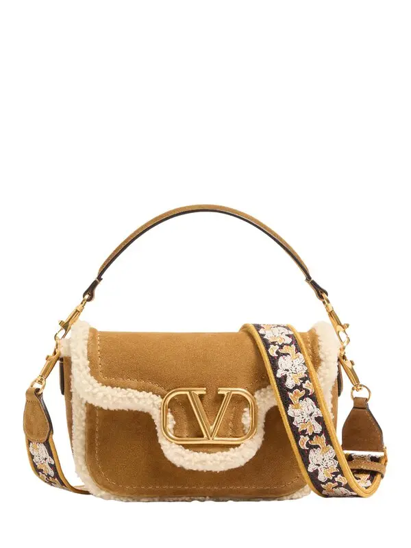 Valentino Garavani Suede Shoulder Bag With Gold-tone Hardware - Beige