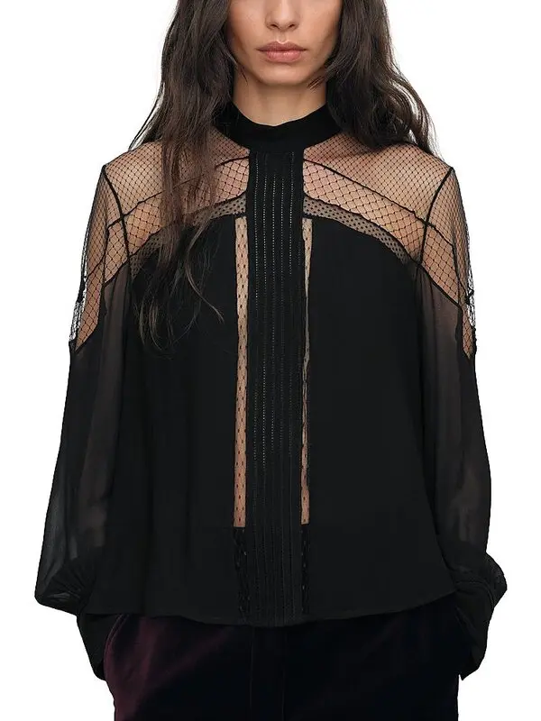 REISS Lace Inset Top - Black