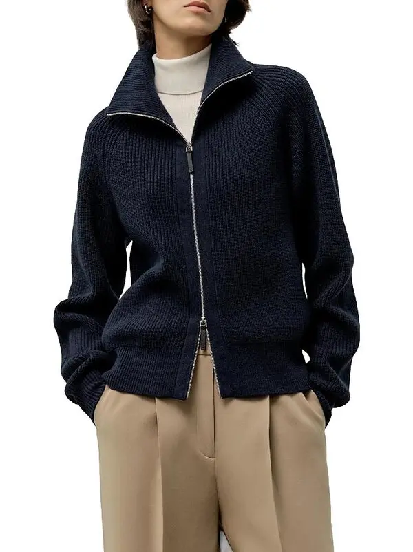 Lilysilk Ribbed-knit Turtleneck Zip Cardigan - Navy Blue