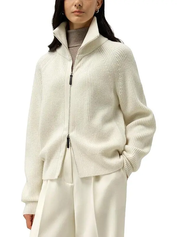 Lilysilk Ribbed-knit Turtleneck Zip Cardigan - White