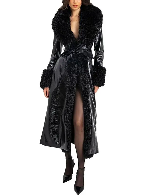 MISS CIRCLE Faux Croc Leather Coat With Faux Fur Trim - Black