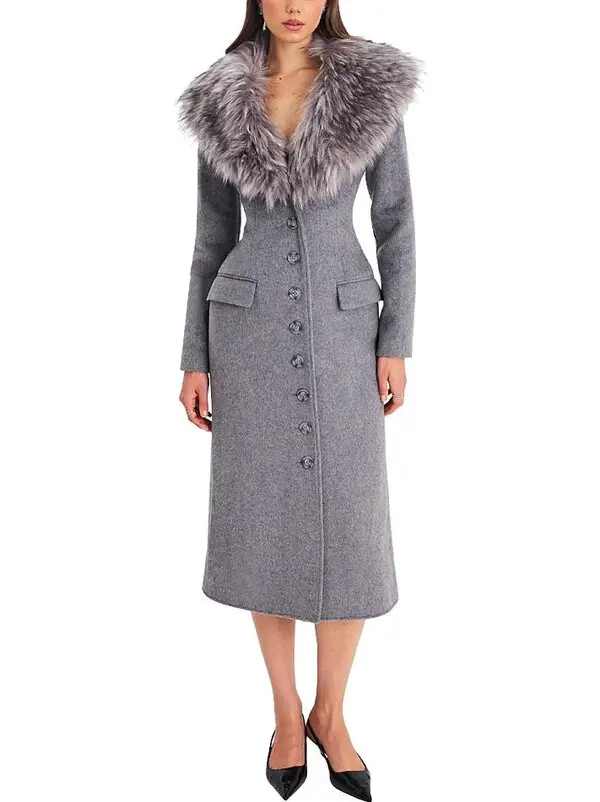 MISS CIRCLE NEW YORK Faye Wool-blend Coat With Faux Fur Collar - Grey