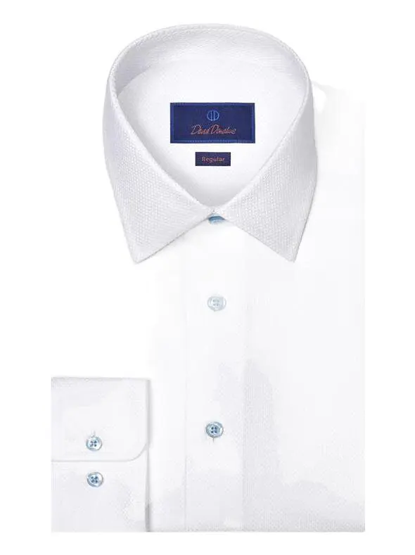 David Donahue Regular Fit Micro Diamond Cotton Dobby Dress Shirt - White