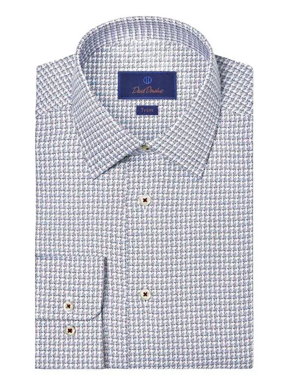 David Donahue Trim Fit Jaspé Check Twill Cotton Dress Shirt - Blue/merlot