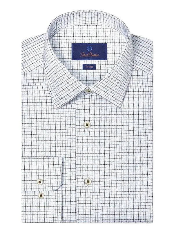 David Donahue Trim Fit Textured Herringbong Check Cotton Dress Shirt - White/chocolate