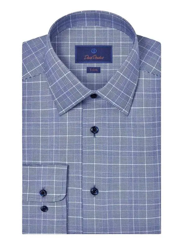 David Donahue Trim Fit Glen Plaid Twill Cotton Dress Shirt - Navy