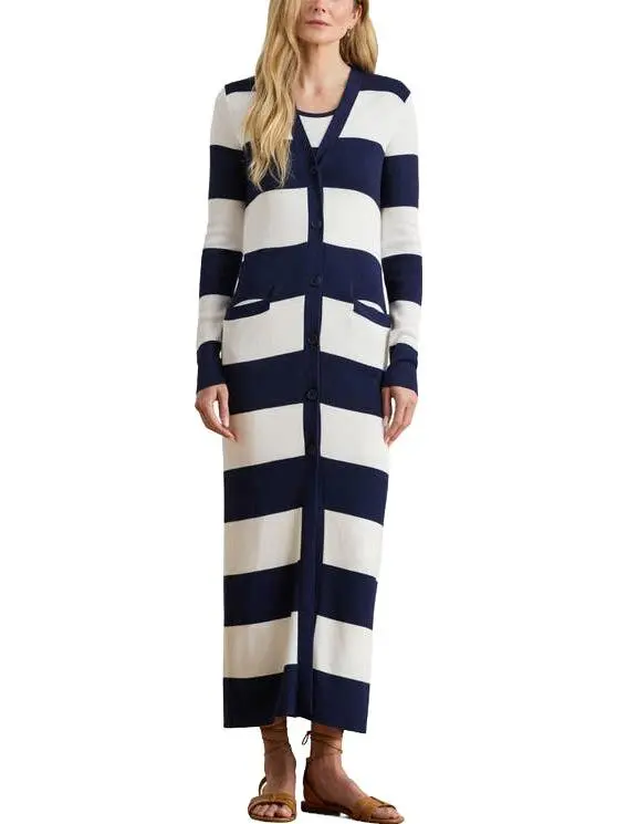 Ralph Lauren Striped Longline Cotton-blend Cardigan - Refined Navy Blue/white