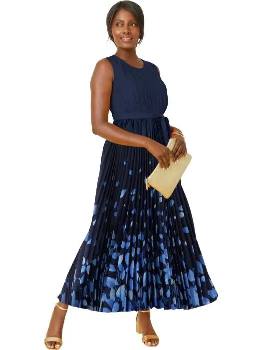 JESSICA LONDON Pleated Maxi Dress With Belt - Navy Petal Border