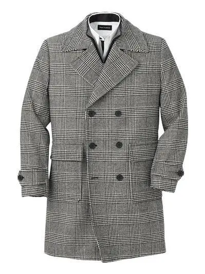 PAUL FREDRICK Wool Blend Plaid Double Breasted Topcoat - Black/white