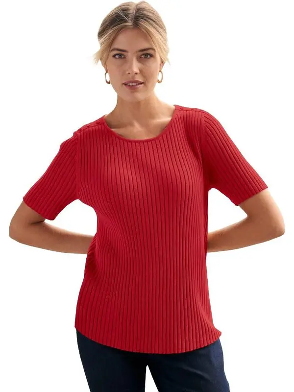 JESSICA LONDON Button Ribbed Knit Pullover Sweater - Classic Red