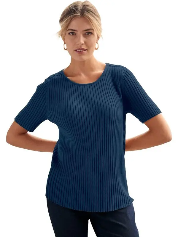 JESSICA LONDON Button Ribbed Knit Pullover Sweater - Navy