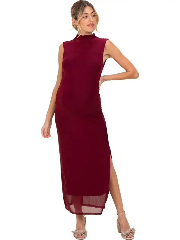 PINKBLUSH Mock Neck Ruched Mesh Maternity Midi Dress - Burgundy