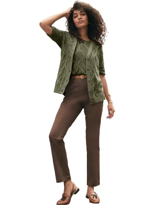 JESSICA LONDON Elbow Sleeve Cable Cardigan - Dark Olive Green
