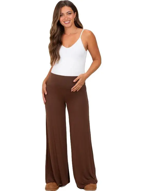 PINKBLUSH Fold Over Waist Maternity Wide Leg Lounge Pants - Brown