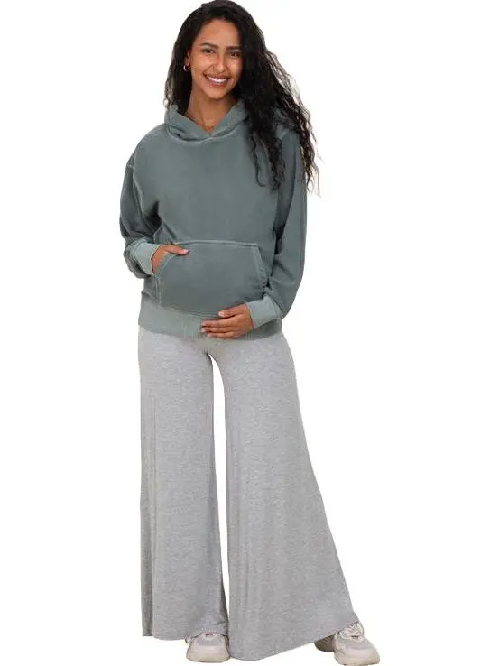 PINKBLUSH Fold Over Waist Maternity Wide Leg Lounge Pants - Heather Grey