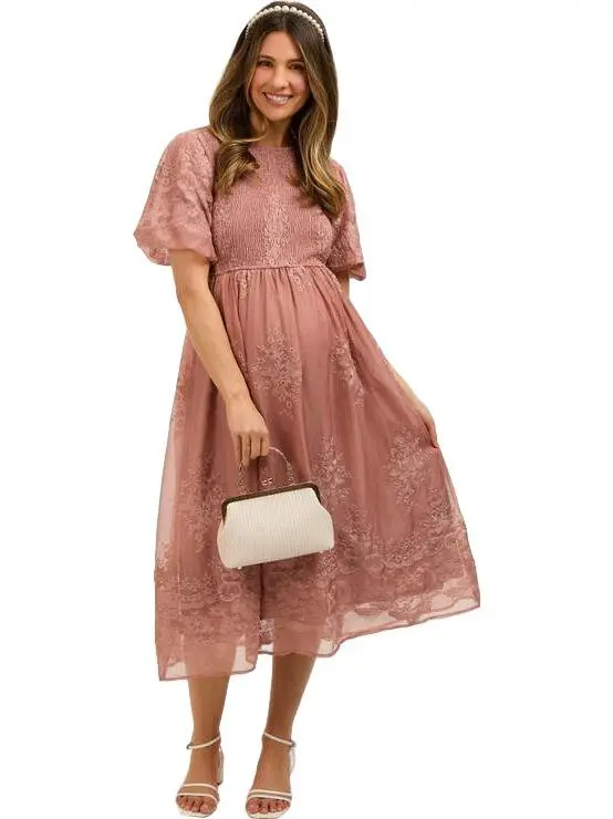 PINKBLUSH Floral Lace Smocked Midi Dress - Mauve