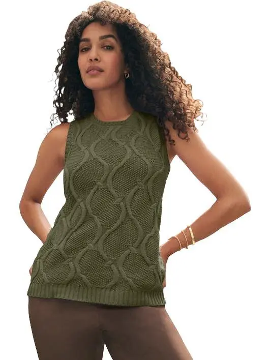 JESSICA LONDON Sleeveless Cable Knit Shell - Dark Olive Green