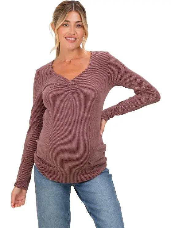 PINKBLUSH Ribbed Long Sleeve Sweetheart Top - Mauve