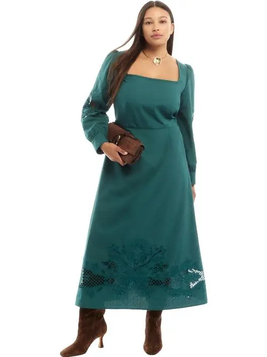 JUNE + VIE Poplin Midi Dress With Puff Sleeves - Green Heron