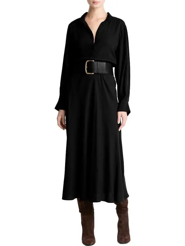 Vince Long Sleeve Shirt Dress With Tie Belt - Black