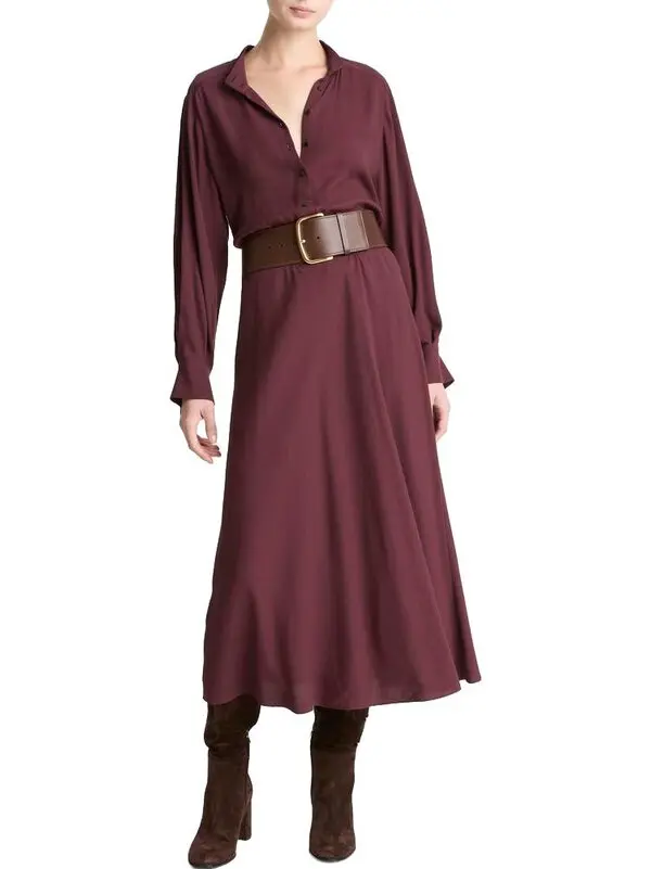 Vince Long Sleeve Shirt Dress With Tie Belt - Oxblood