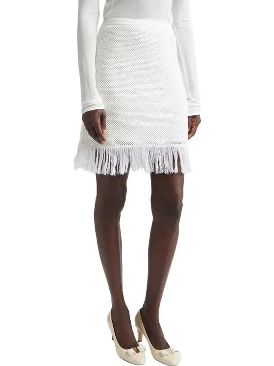 FERRAGAMO Open Knit Fringe Virgin Wool Skirt - White