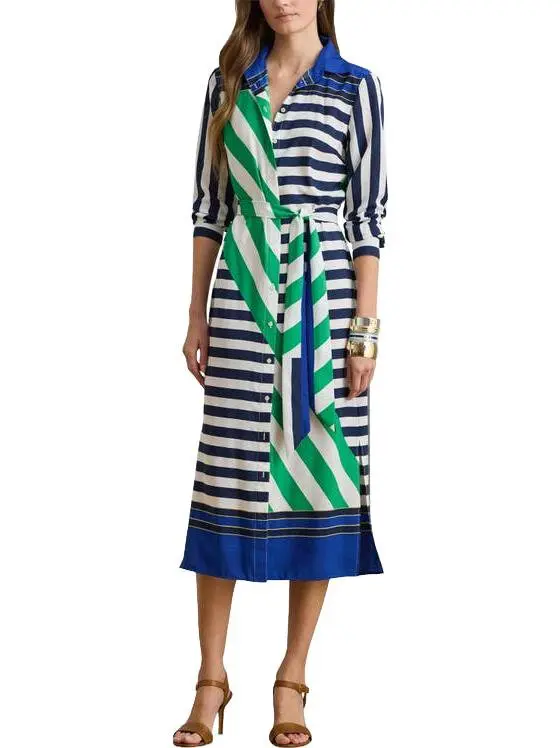 Ralph Lauren Stripe Tie Waist Midi Shirtdress - Navy Blue/white/green