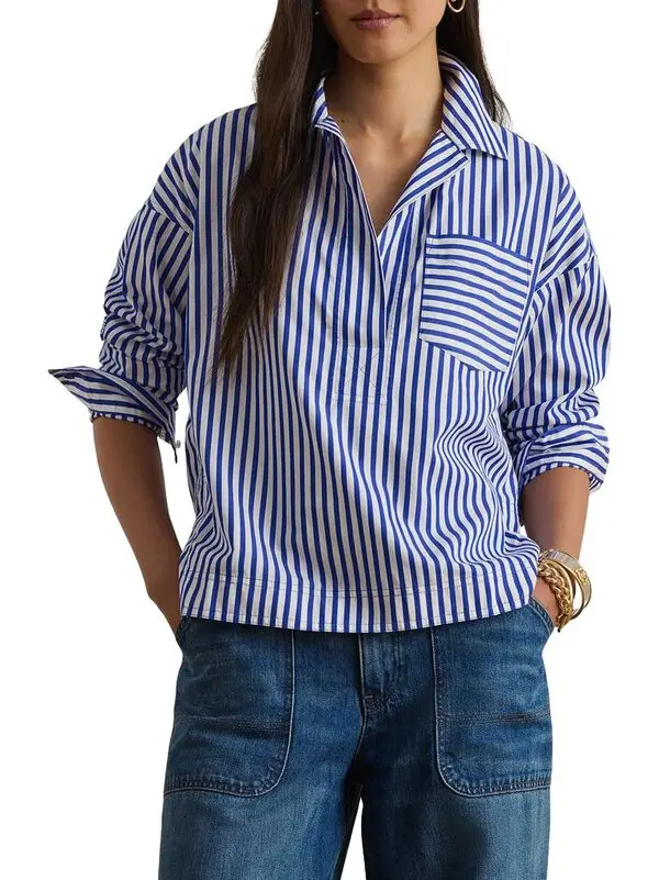 Ralph Lauren Stripe Cotton Broadcloth Popover Shirt - Blue/white Multi