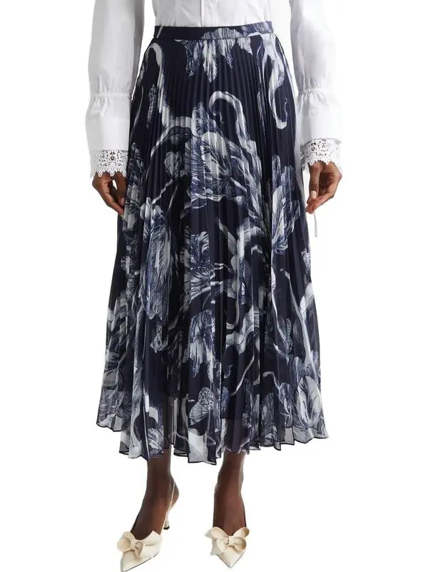 Erdem Botanical Engraving Pleated Voile Midi Skirt - Botanical Engraving Midnight