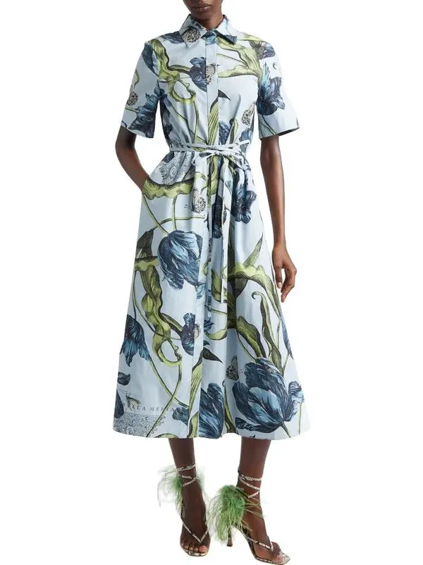Erdem Etched Tulip Print Organic Cotton Poplin Shirt Dress - Etched Tulip Powder Blue