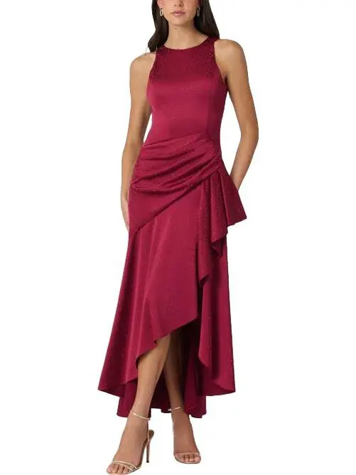 SHOSHANNA MIDNIGHT Verena Crystal Stretch Satin Dress - Wine