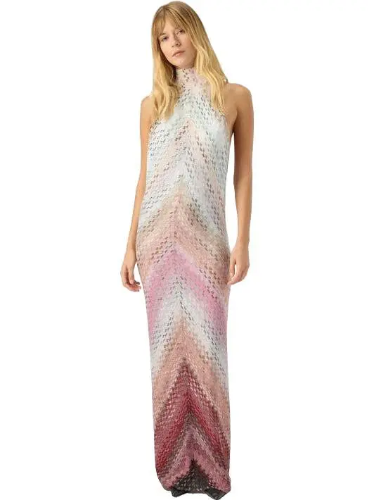 Missoni Long Halter-neck Dress With Zigzag Pattern - Pink