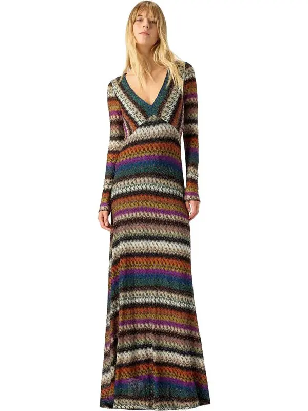 Missoni Flared Long Dress With V-neck And Long Sleeves - Multicoloured