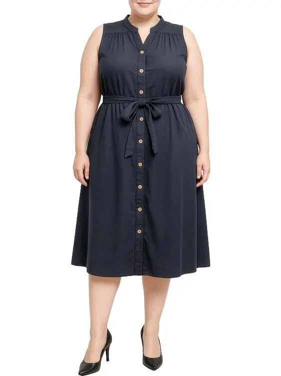 STANDARDS & PRACTICES Belted Sleeveless Cotton Shirtdress - Navy
