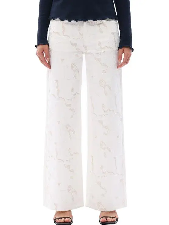 BAYEAS Lace Inset Embroidered Wide Leg Jeans - White