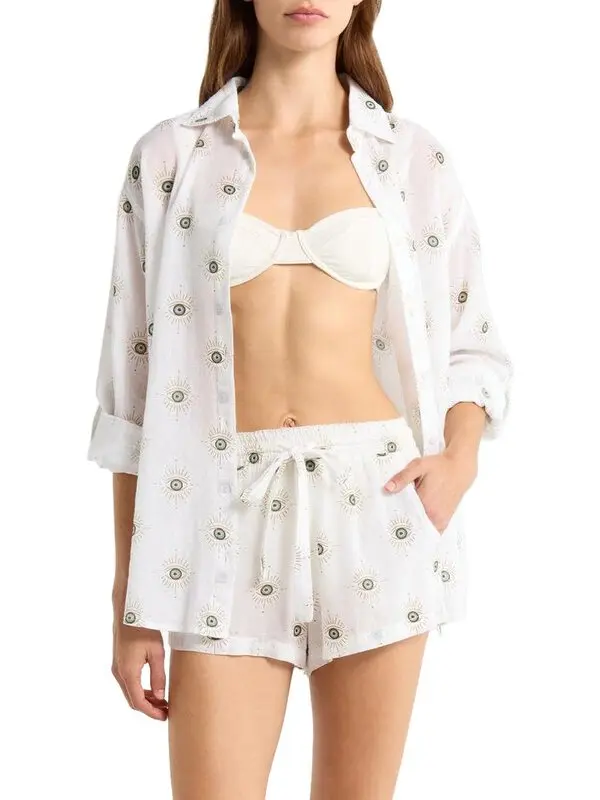 Elan Evil Eye Print Button-up Shirt - White Evil Eye