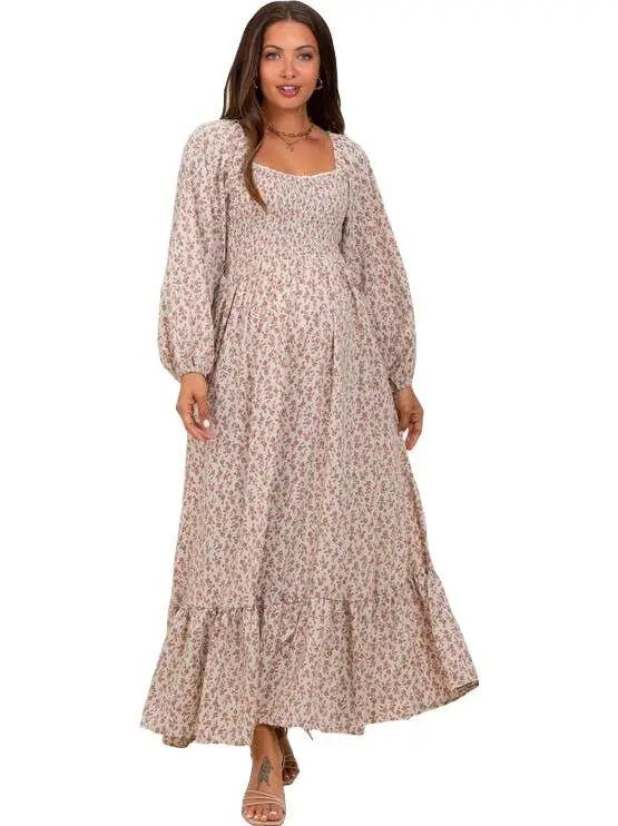 PINKBLUSH Floral Smocked Lace Trim Sweetheart Maxi Dress - Pink