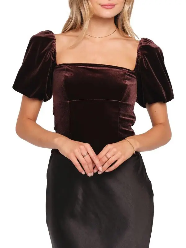 PETAL & PUP Elyria Velvet Puff Sleeve Top - Chocolate