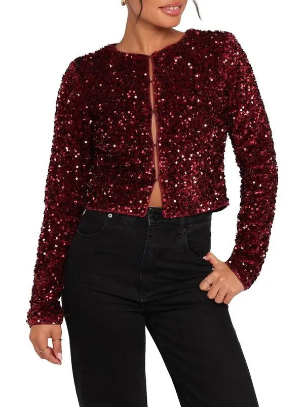 PETAL & PUP Sequin Crop Jacket - Burgundy Sequin