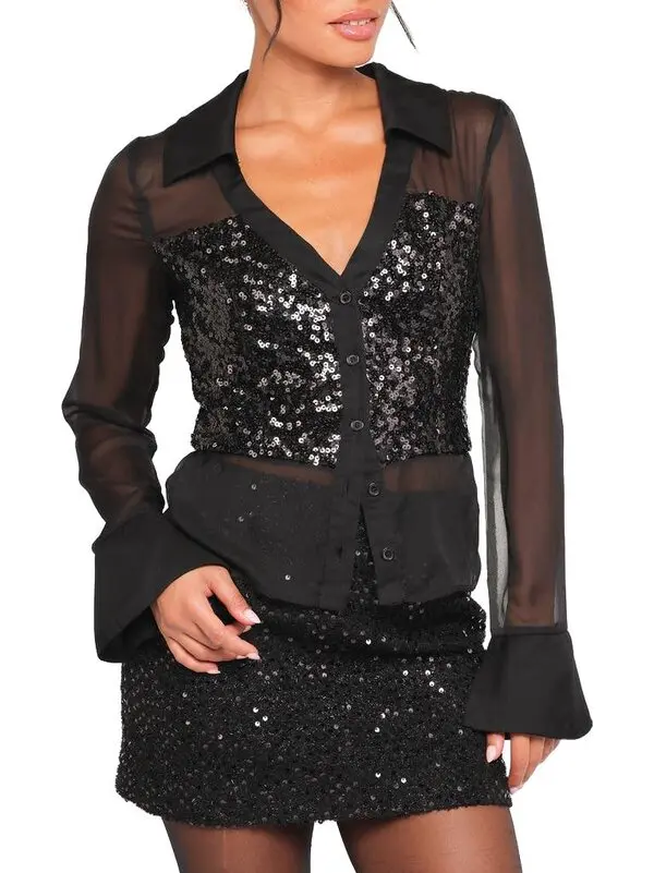 PETAL & PUP Sequin Embellished Mesh Shirt - Black