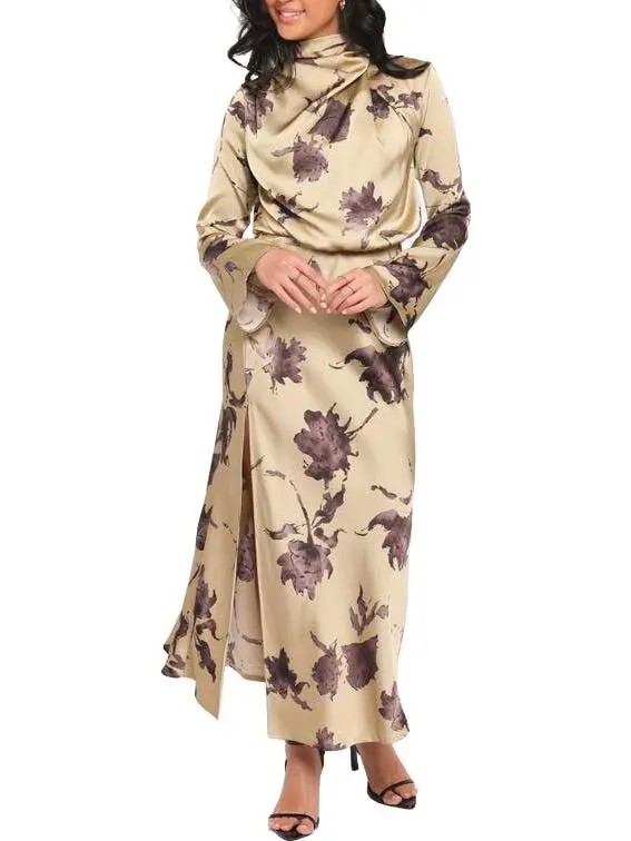 PETAL & PUP Kristyn Long Sleeve Floral Satin Dress - Olive Floral