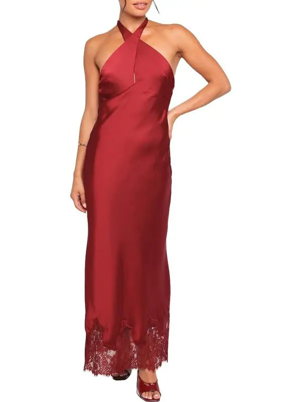 PETAL & PUP Imitation Pearl Detail Satin Maxi Dress - Dark Red