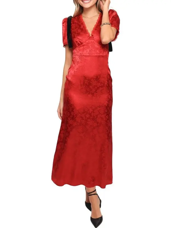PETAL & PUP Brocade & Velvet Tie Maxi Dress - Red Jacquard