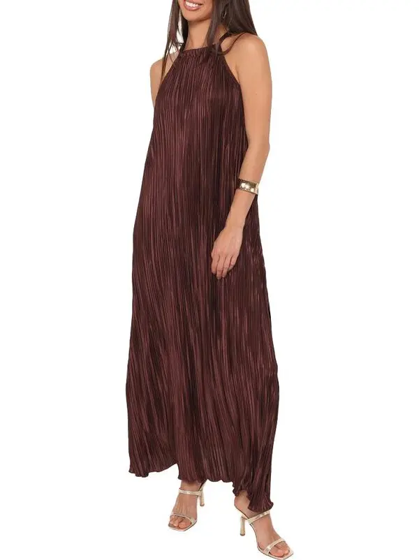 PETAL & PUP Melody Plissé Metallic Dot Maxi Dress - Brown