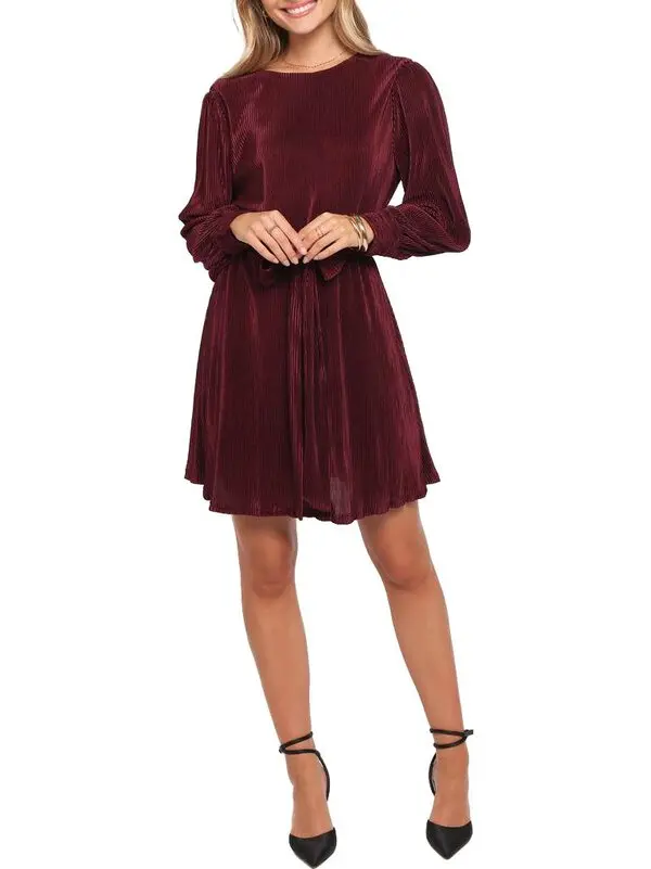 PETAL & PUP Joy Long Sleeve Plissé Minidress - Burgundy
