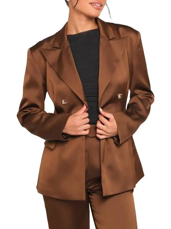 PETAL & PUP Trina Double-breasted Satin Blazer - Brown