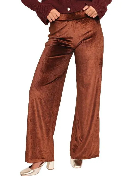 PETAL & PUP Riley Stretch Velvet Wide Leg Pants - Chocolate