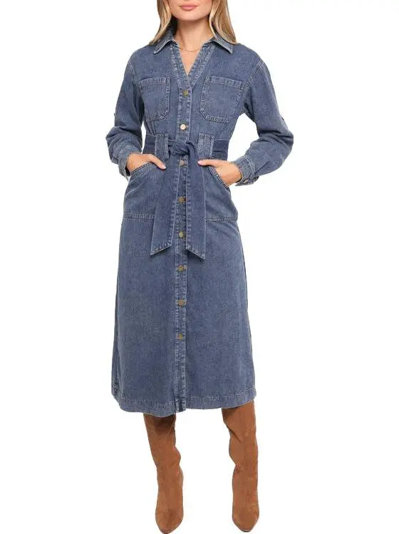 PETAL & PUP Ballina Tie Waist Long Sleeve Denim Midi Dress - Blue Denim