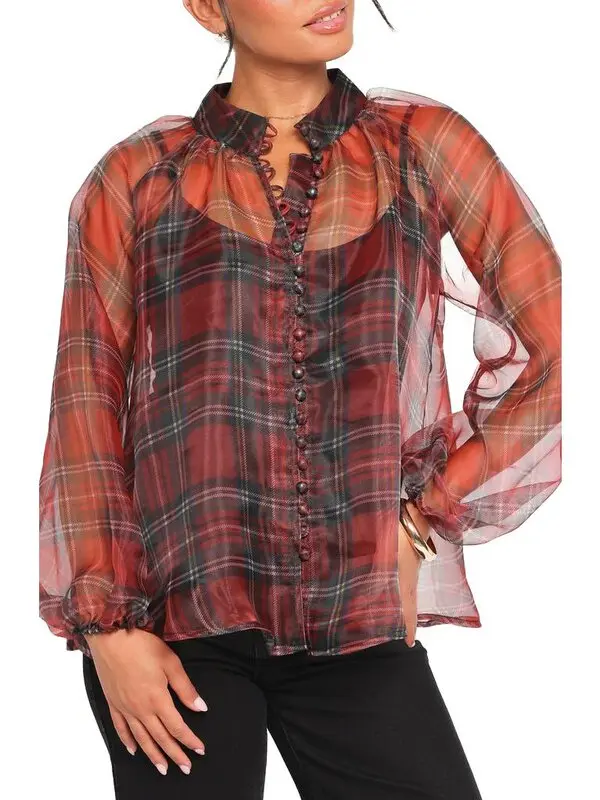 PETAL & PUP Plaid Organza Button-up Shirt - Red Plaid