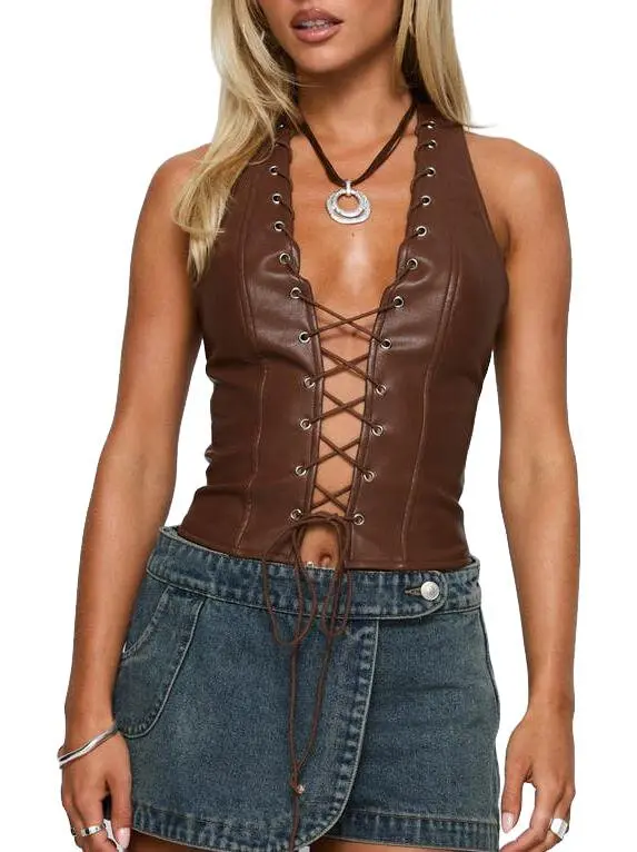 Princess Polly Lace-up Faux Leather Halter Top - Chocolate